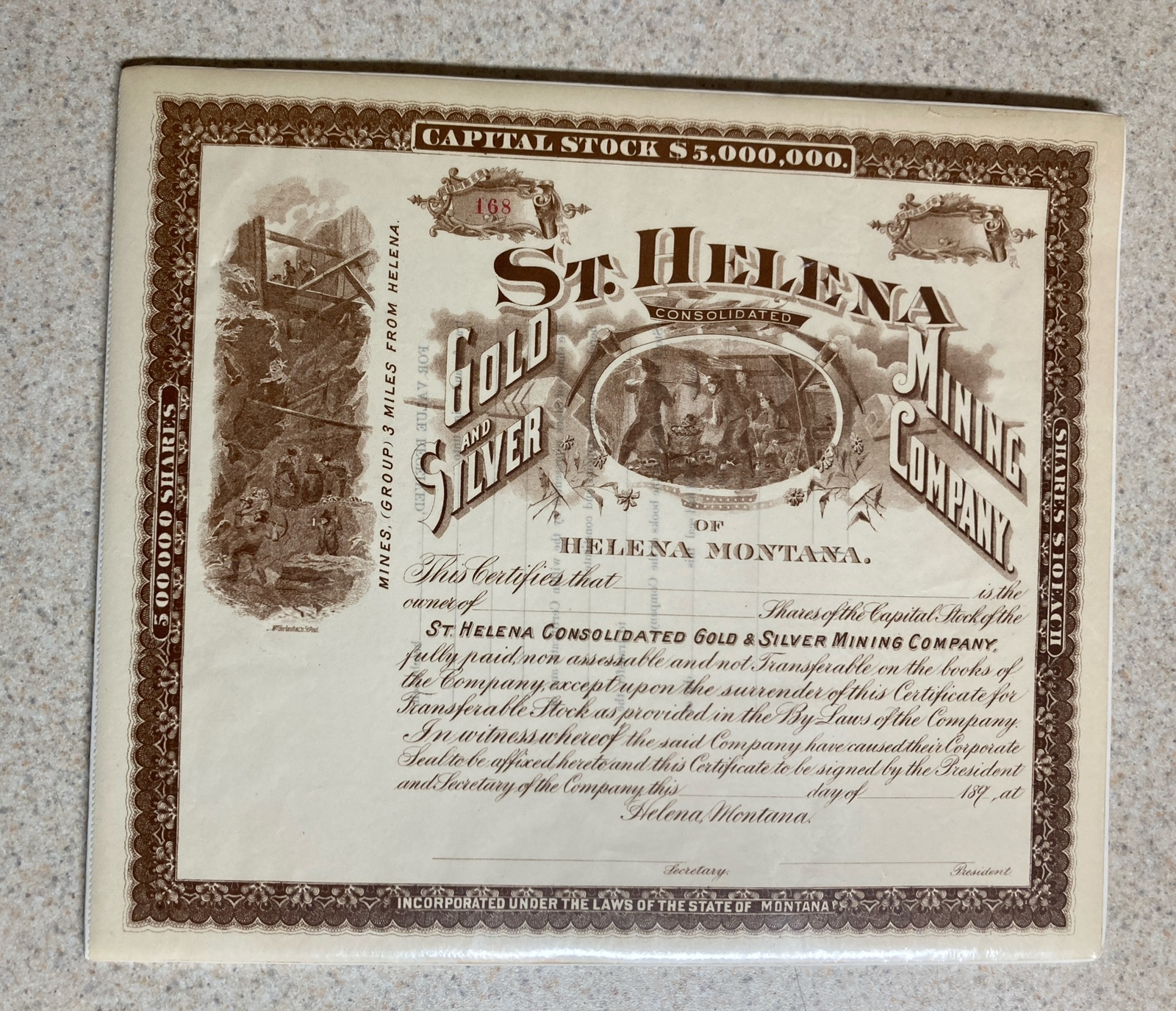 Authentic St. Helena Gold & Silver Mining Co. Stock Certificate Helena ...