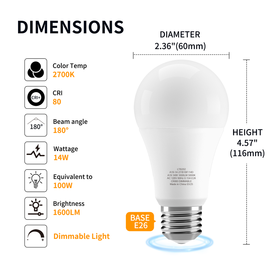 6/12/24Pack Dimmable A19 LED Light Bulb 100W Equivalent 1600LM 2700K ...