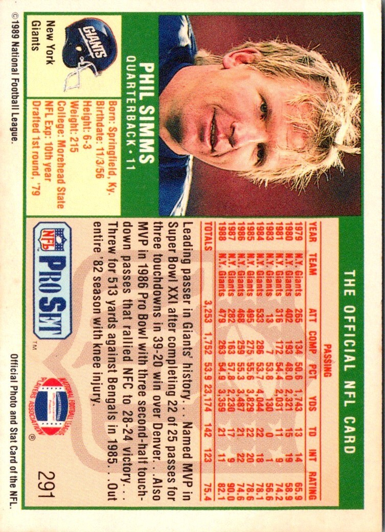 1989 Pro Set Phil Simms #291 New York Giants Football Card | eBay