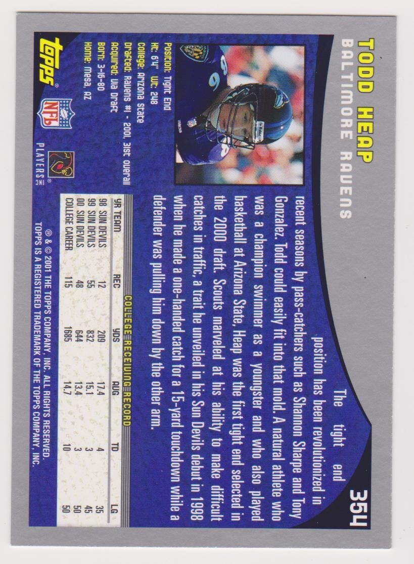 2001 Topps Todd Heap Rookie card #354 Baltimore Ravens NFL | eBay