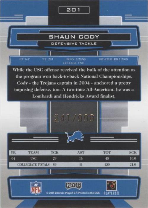 2005 Playoff Absolute Memorabilia Shaun Cody #201 for sale | eBay