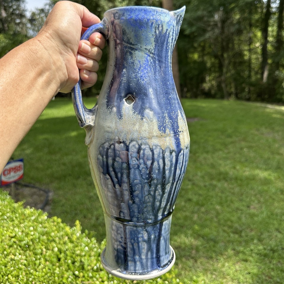 Tim Sherman Studio Pottery Pitcher Wood Fired Blue Drip Ash Glaze ...