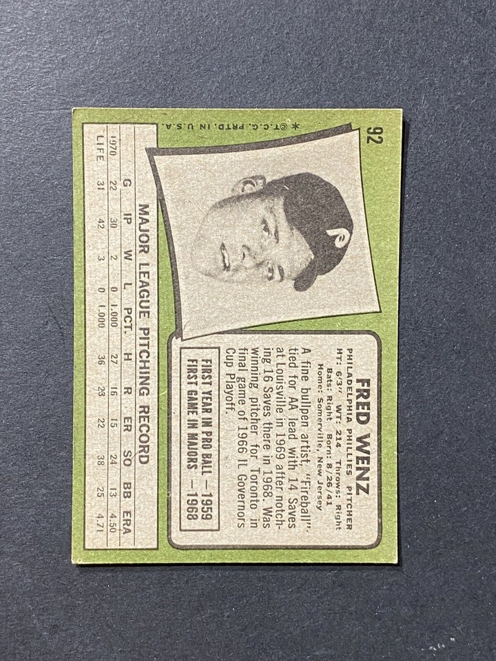 1971 Topps - #92 Fred Wenz VG | eBay