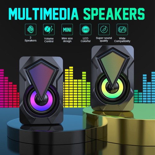 2 Speakers RGB Light LED Speakers Deep Bass PC Gaming Surround Sound ...