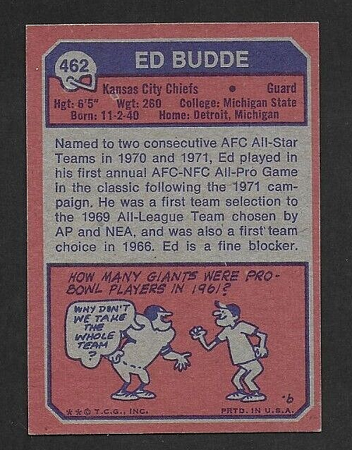 1973 Topps NFL Football #462 Ed Budde, Kansas City Chiefs, NM NRMT | eBay