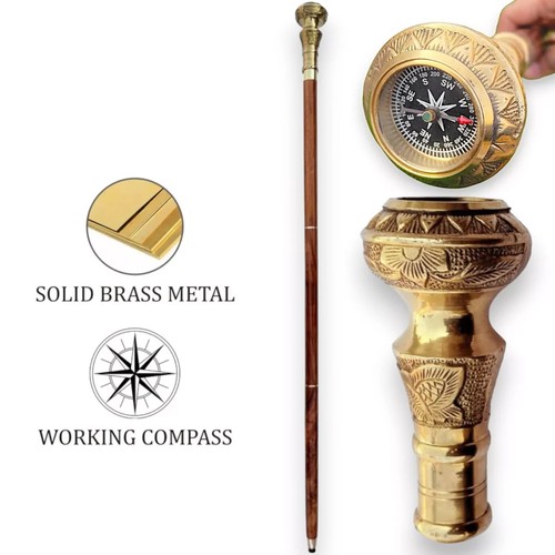 Antique Vintage Solid Brass Polish Compass Knob Handle, Walking Stick ...
