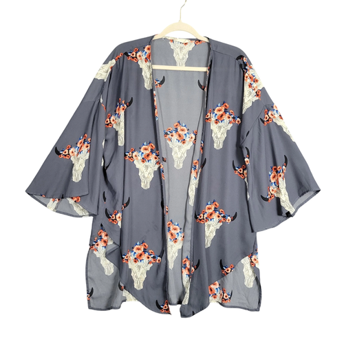 ALTAR'D STATE Gray Longhorn Cowgirl Open Front Kimono Cardigan SIZE ...