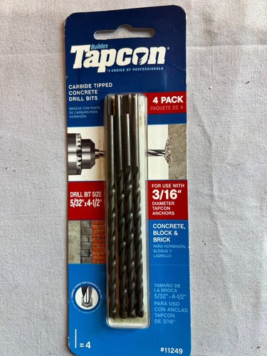 Tapcon Carbide Tipped Concrete Drill Bits, 4pc, Standard Shank 5/32" x ...