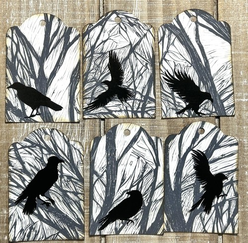 junk journal crows and tree tags spooky goth grungy crow tags set of 6 ...