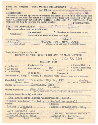US Post Office: Form 1510 Report of Loss, Rifling of Mail Matter ...