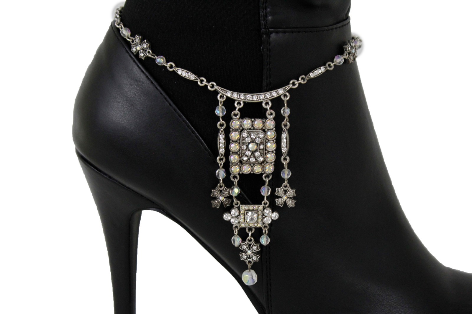 Women Silver Metal Chain Boot Bracelet Ethnic Shoe Cross Flower Charms ...