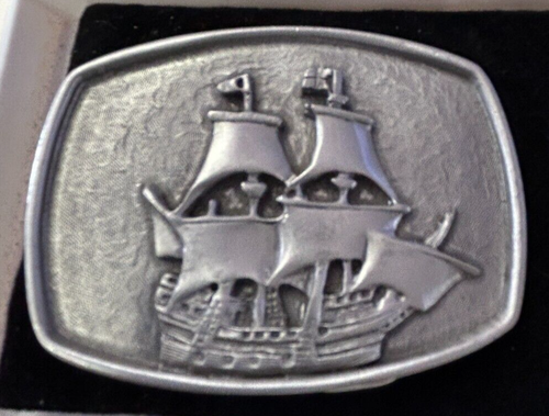 VINTAGE PILGRIM'S SHIP MAYFLOWER PEWTER BLAISDELL BELT BUCKLE ENGRAVED ...