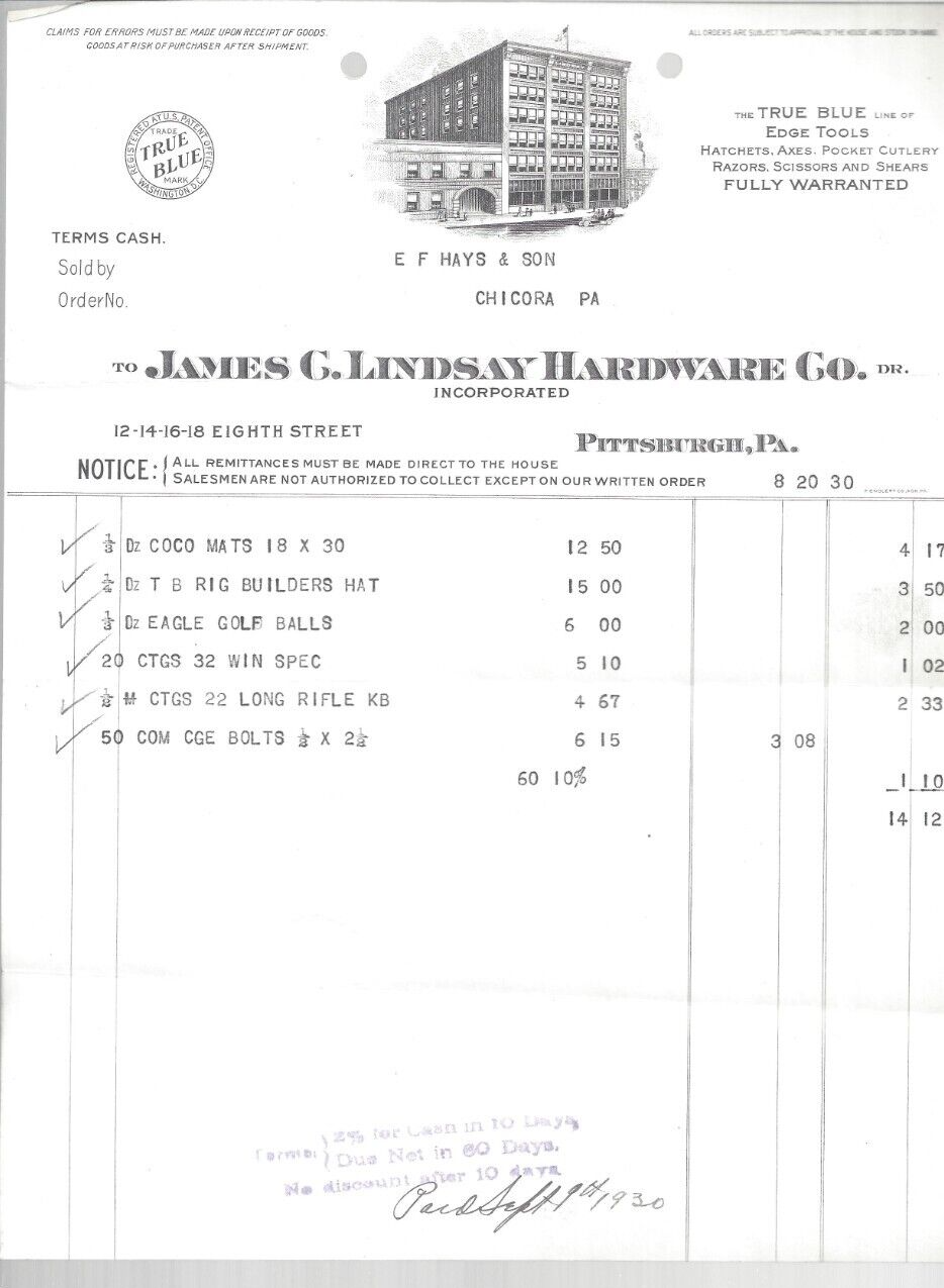 1930 James C. Lindsay Hardware Co. Pittsburgh Pa Receipt Antique ...