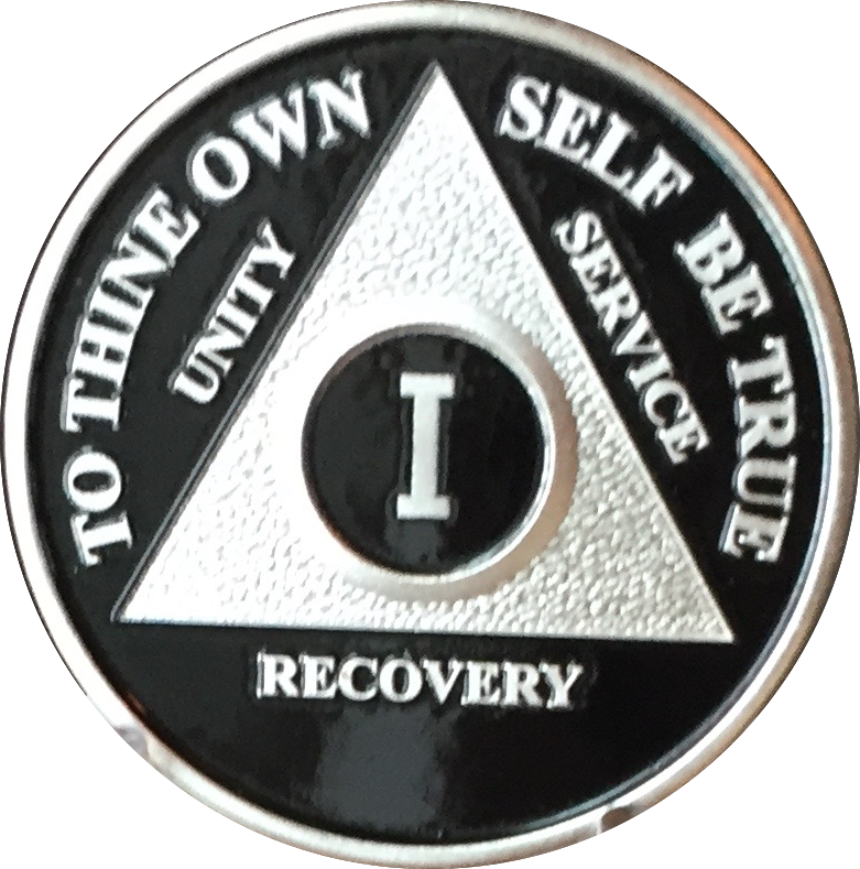 1 Year AA Chip Black Silver Plated Alcoholics Anonymous Medallion Coin ...