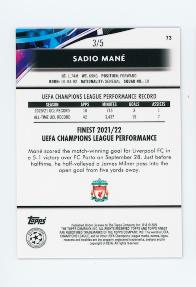 2021-22 Sadio Mane Topps Finest Red Refractor Liverpool FC Soccer Card ...