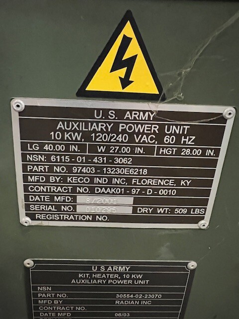 U.S. Military Auxiliary Power Unit (APU), 10 kW, 120/240 VAC, 60 Hz ...