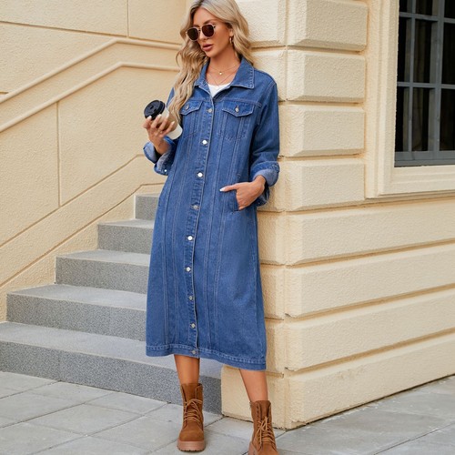 Women's Denim Trench Knee Length Coats Casual Button Long Sleeve Jean ...