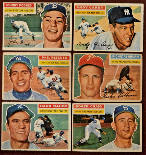 1956 Topps HOF Lot (6) Phil Rizzuto Richie Ashburn Roger Craig Podres ...