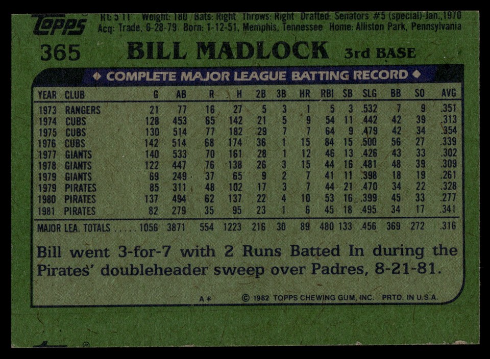 1982 Topps Bill Madlock #365 Pittsburgh Pirates Baseball Card | eBay