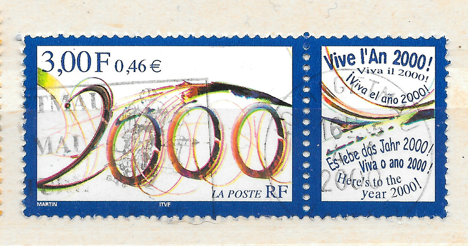 3,00F 0,46 € France stamp used - Vive L'An 2000! - posted 4/1/2000 see ...