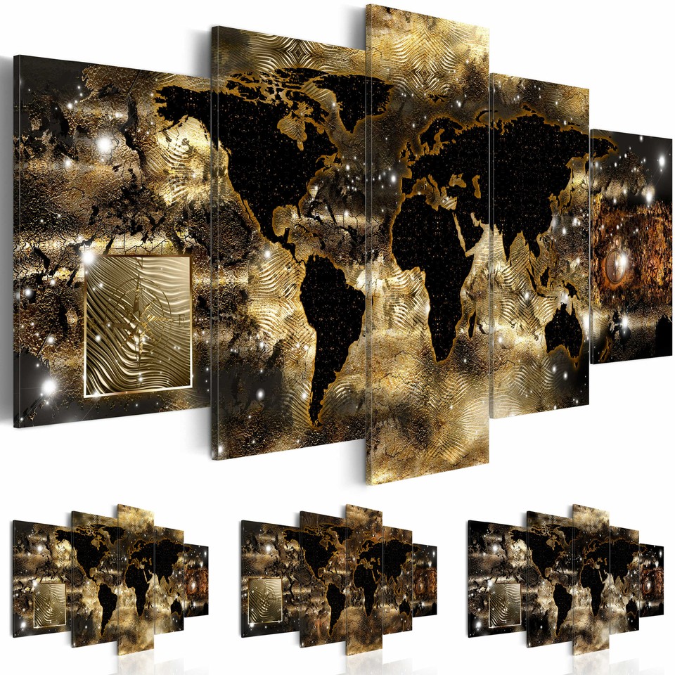 GOLD WORLD MAP ABSTRACT Non-woven Canvas Wall Art Image Photo Print k-A ...