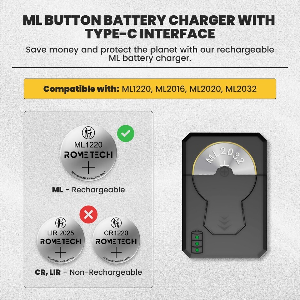 For Coin Cells Battery ML1220 ML2016 ML2020 ML2032 USB C Battery ...