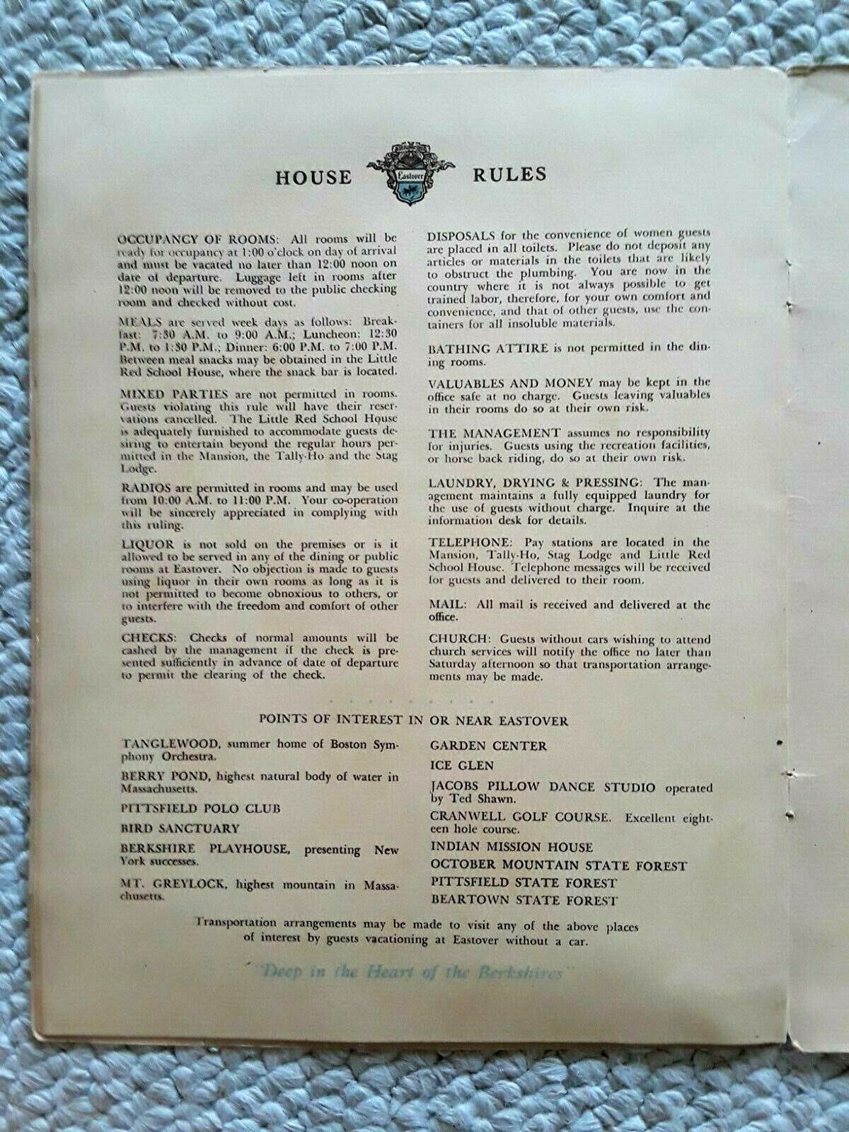 1946 Menu & Information Booklet for EASTOVER ESTATE, The Berkshires ...