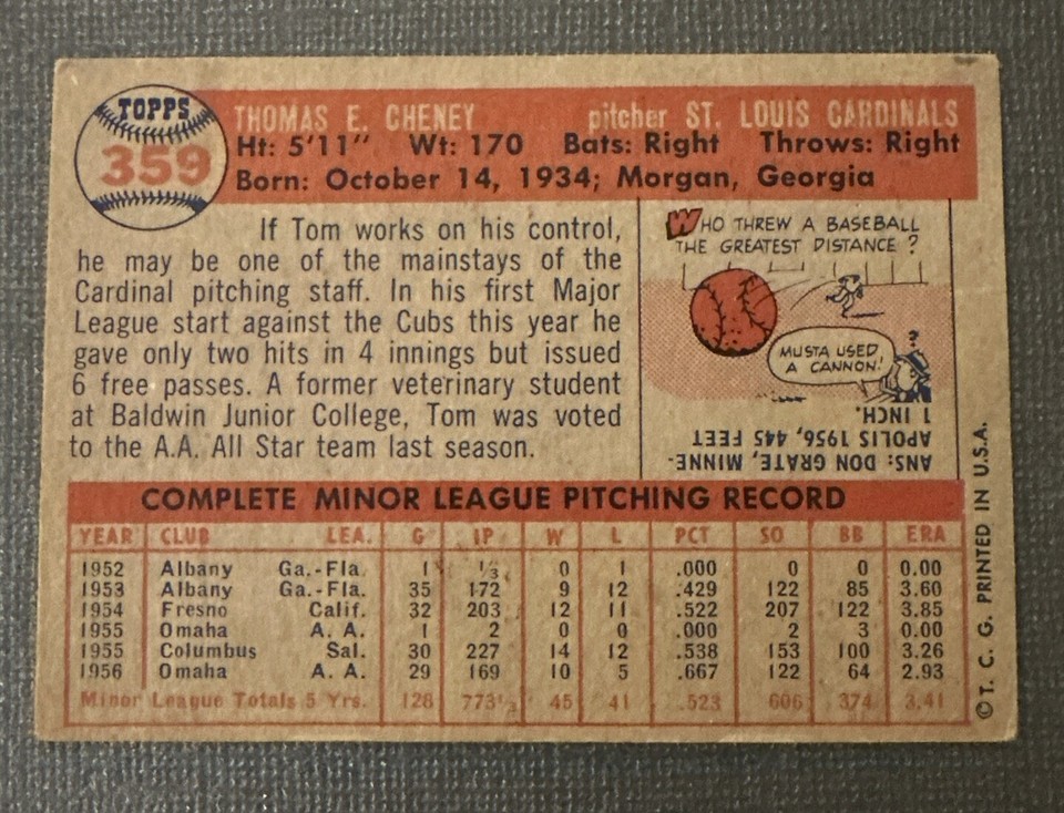 Tom Cheney 1957 Topps #359 Rookie | eBay