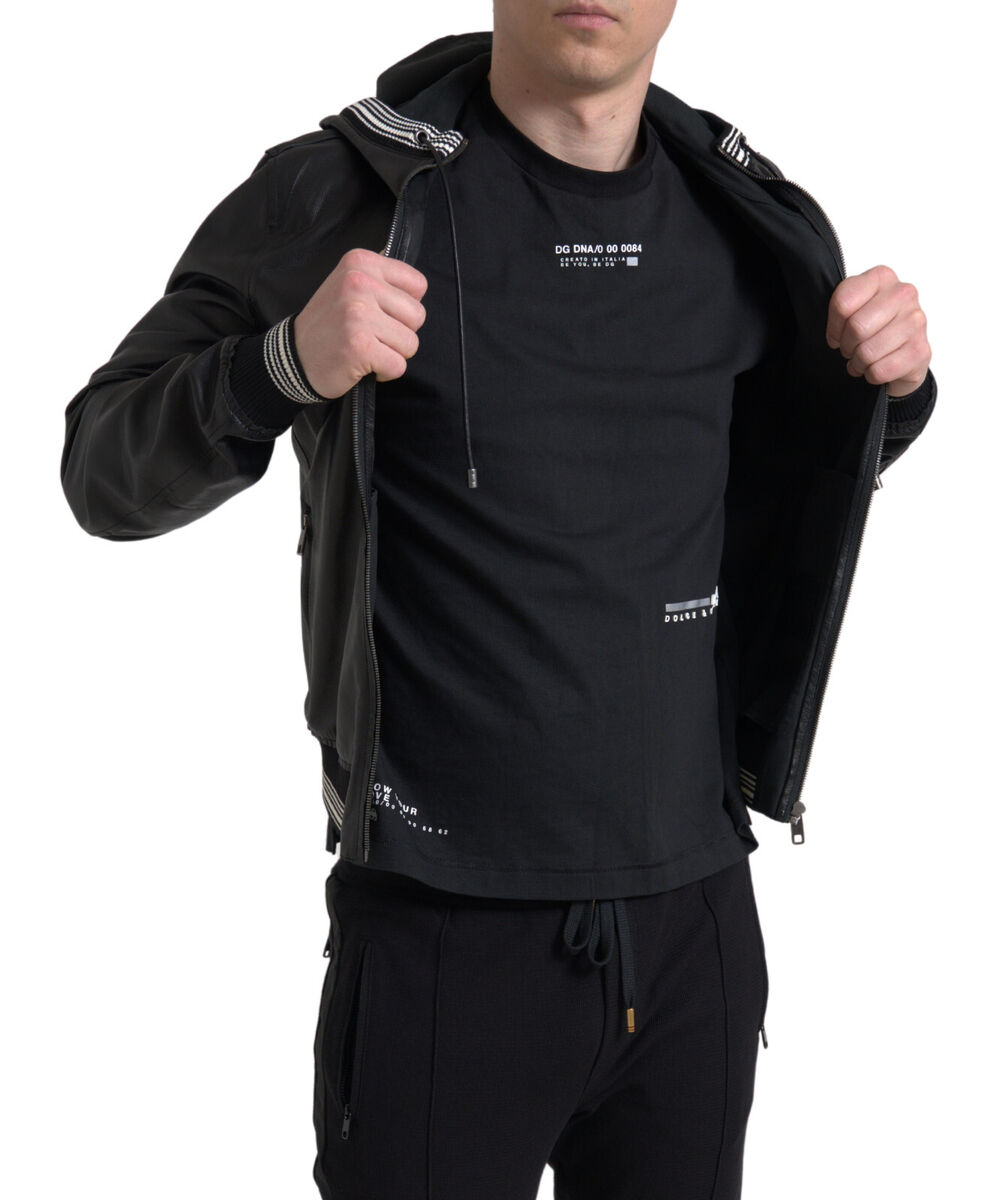 DOLCE & GABBANA Jacket Black Leather Full Zip Hooded Men DOLCE & GABBANA Jacket Black Leather Full Zip Hooded Men