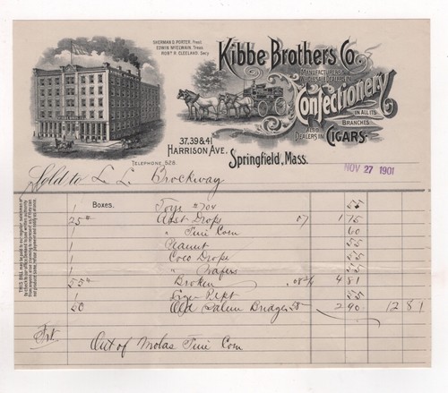 1901 ORNATE KIBB BROTHERS CONFECTIONERY CIGARS HARRISON AVE SPRINGFIELD ...