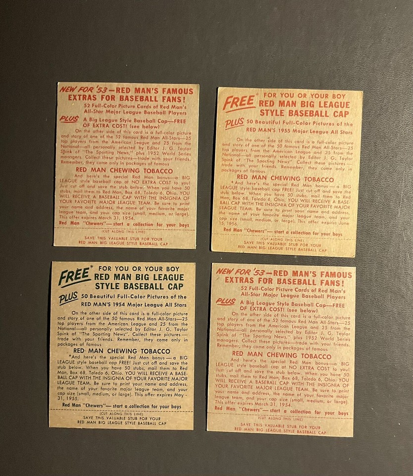 1953 1954 1955 Red Man Tobacco Baseball Lot Of 4 With Tabs Snider ...