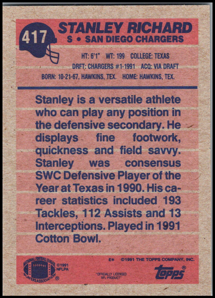 1991 Topps #417 Stanley Richard - Rookie RC FREE SHIPPING! | eBay