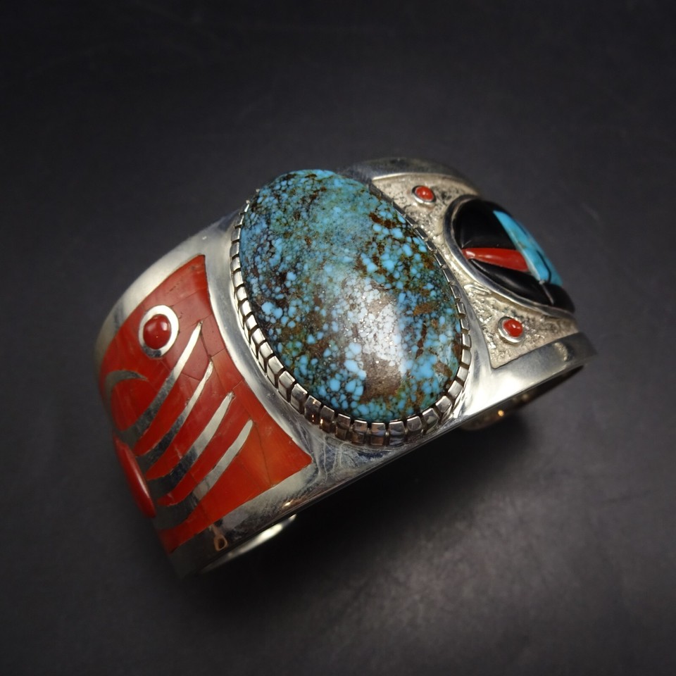 MICHAEL PERRY Navajo TURQUOISE and CORAL Sterling Silver YEI Cuff ...