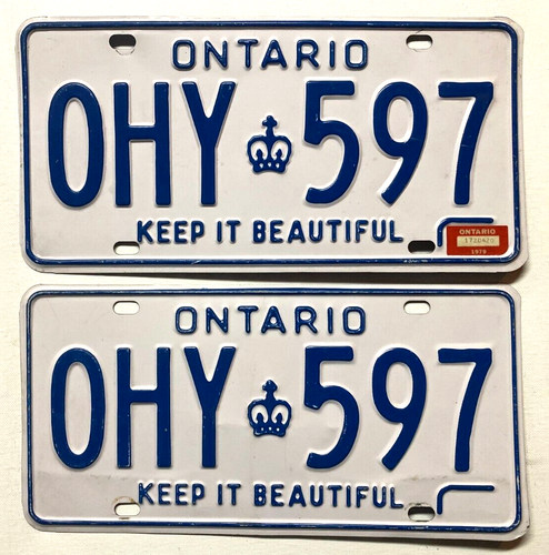 PAIR 1979 (on 1973 base) Ontario Passenger License Plates OHY*597 | eBay