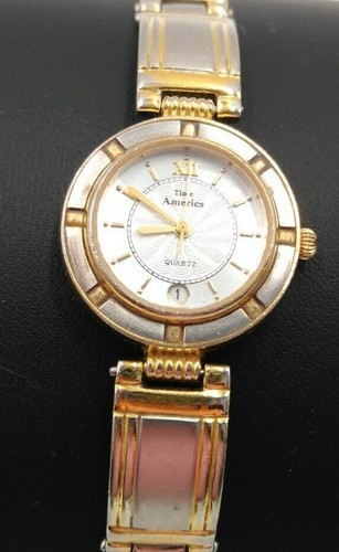 Time America Ladies Gold Tone Quartz Watch w/ 6" Two-Tone Bracelet Band ...