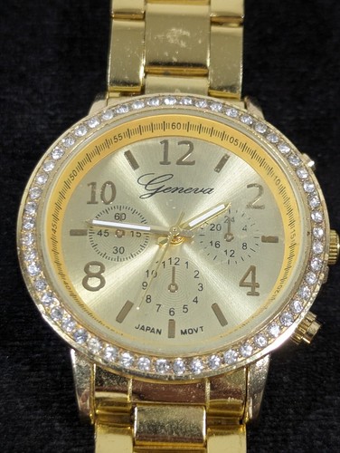 Geneva Gold Tone Dial Crystal Accent Round Case Stainless St Band Watch ...