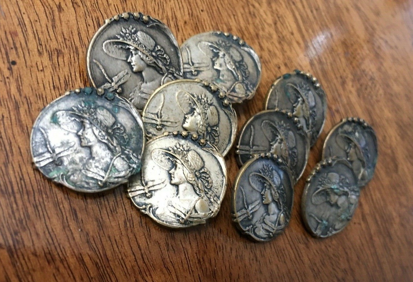 RARE! Set Of 10 Armand Bargas Signed French Buttons Nouveau Lady w ...