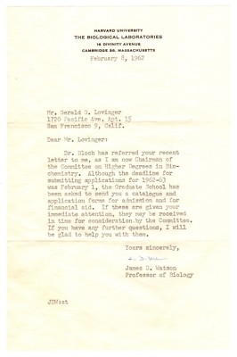 James D. Watson - Early Typed Letter Signed - Sent Same Year He Won ...