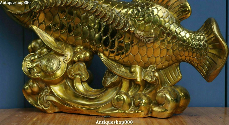 22" China Bronze Fengshui Fish Fishes Goldfish Coin Wealth Animal Ruyi ...