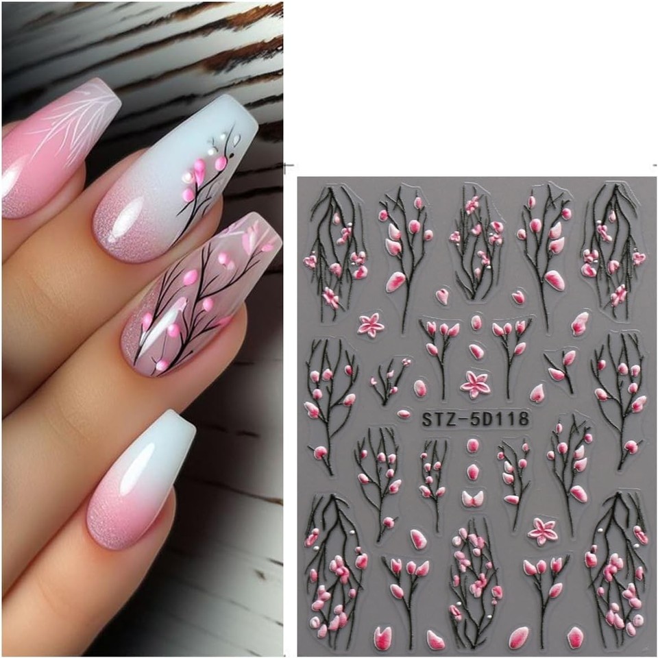 JMEOWIO 3D Embossed Flower Nail Art Stickers Decals Self-Adhesive 5D ...