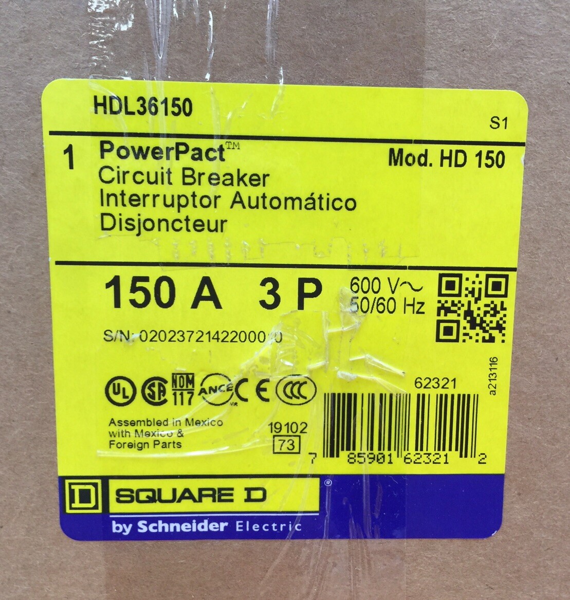 Square D 3 Pole Circuit Breaker 150 A - Black (HDL36150) for sale ...