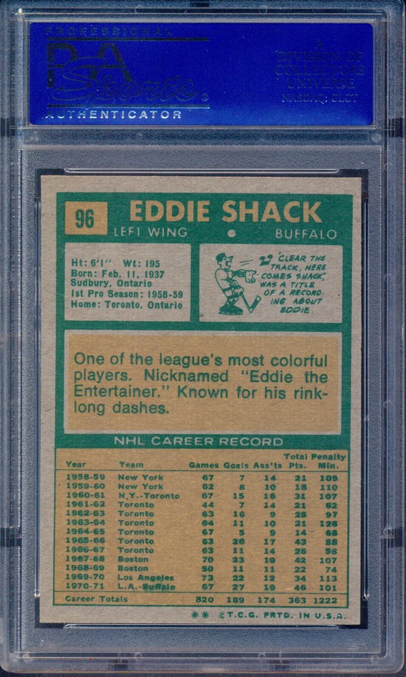 1971-72 Topps Hockey NHL #96 Eddie Shack HOF PSA 8 NM-MINT Buffalo ...