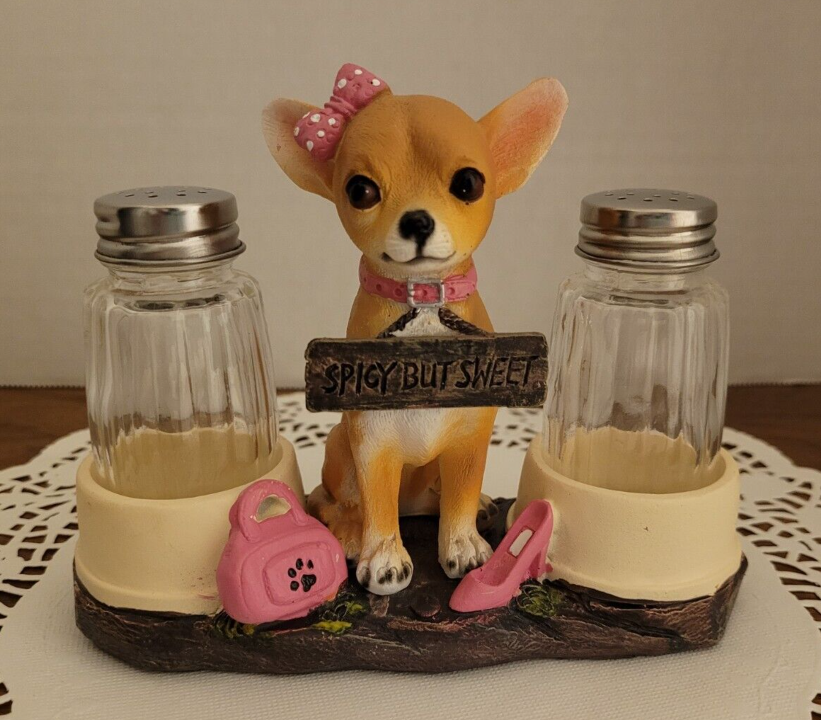DWK Chihuahua Dog Salt & Pepper Shaker Holder Spicy But Sweet Pink Hat ...