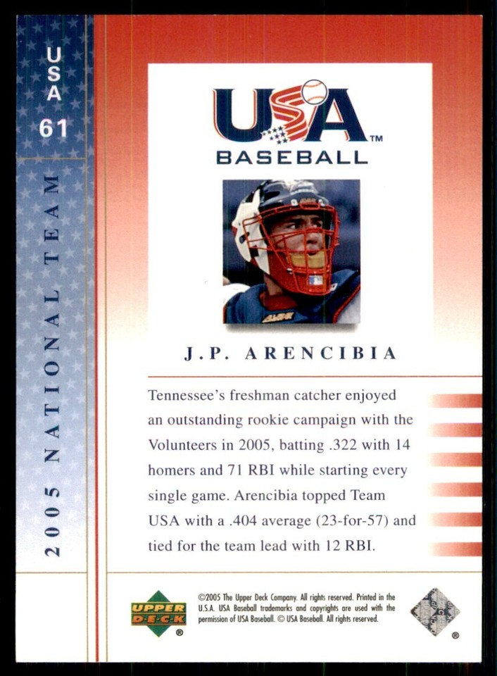 2005 Upper Deck USA Baseball National Team J.P. Arencibia IP Signed ...