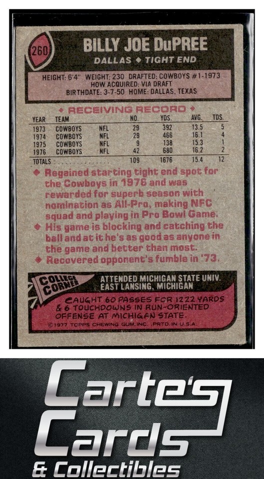 Billy Joe Dupree 1977 Topps #260 Dallas Cowboys All Pro | eBay