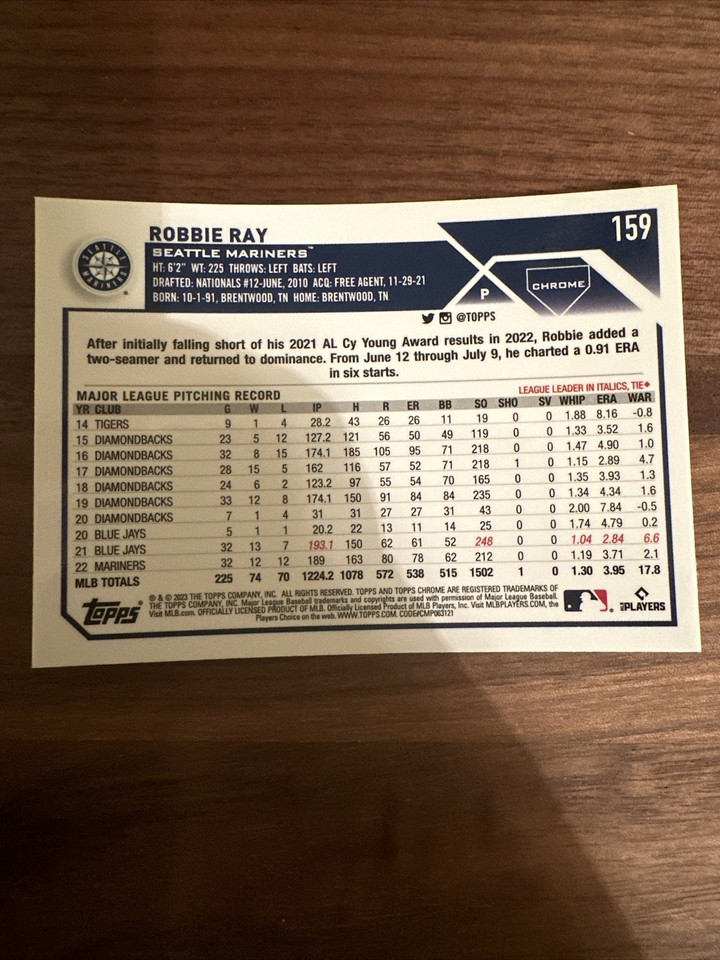 ROBBIE RAY. 2023 Topps Chrome Baseball. #159. Seattle Mariners. | eBay