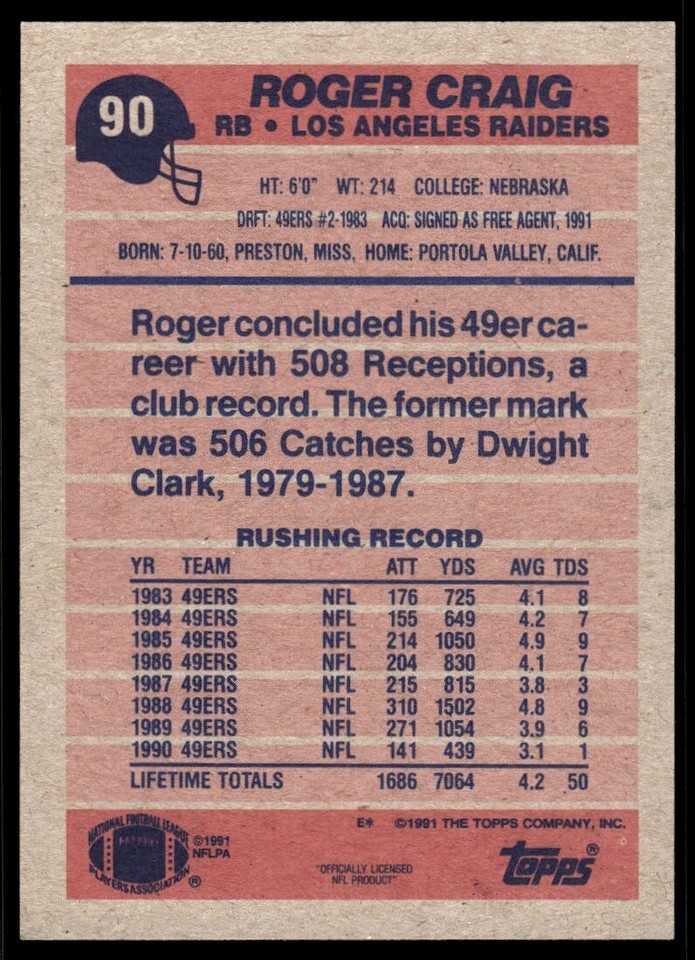1991 Topps Roger Craig Los Angeles Raiders #90 | eBay