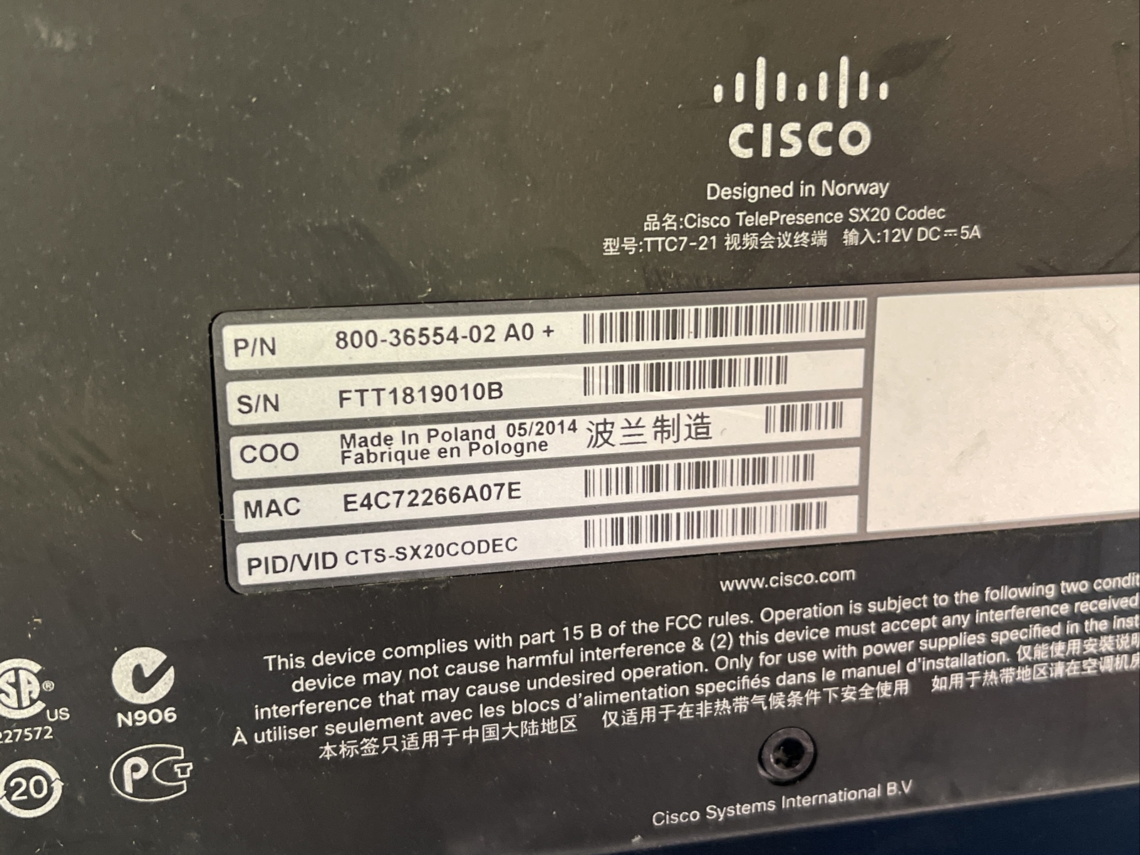 Cisco Telepresence CTS Sx20 Codec 800-36554-02 A0 for sale online | eBay