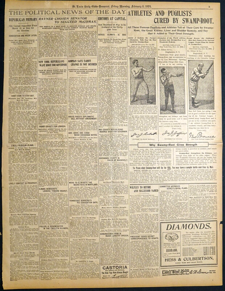 1904 Newspaper Page - Athletes Cured by Swamp Root Ad - Boxer James J ...