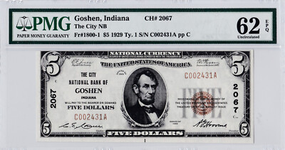 $5 1929 T1 National GOSHEN Indiana IN 🇺🇸 PMG 62 EPQ 🇺🇸 Uncirculated UNC ...
